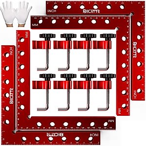 DICATTE 90 Degree Positioning Square Right Angle Clamp 7.1" x 7.1" Aluminum Alloy Woodworking Carpenter Tool,4 Pcs Right Angle Clamps With 8 Clamps,For Picture Frame Box Cabinets Drawers