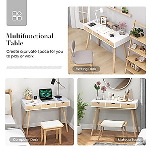 Tangkula Mid Century Desk with 3 Drawers, Home Office Writing Desk, Wooden Laptop Study Desk with Solid Rubber Wood Legs, Computer Workstation, Makeup Vanity Desk for Bedroom