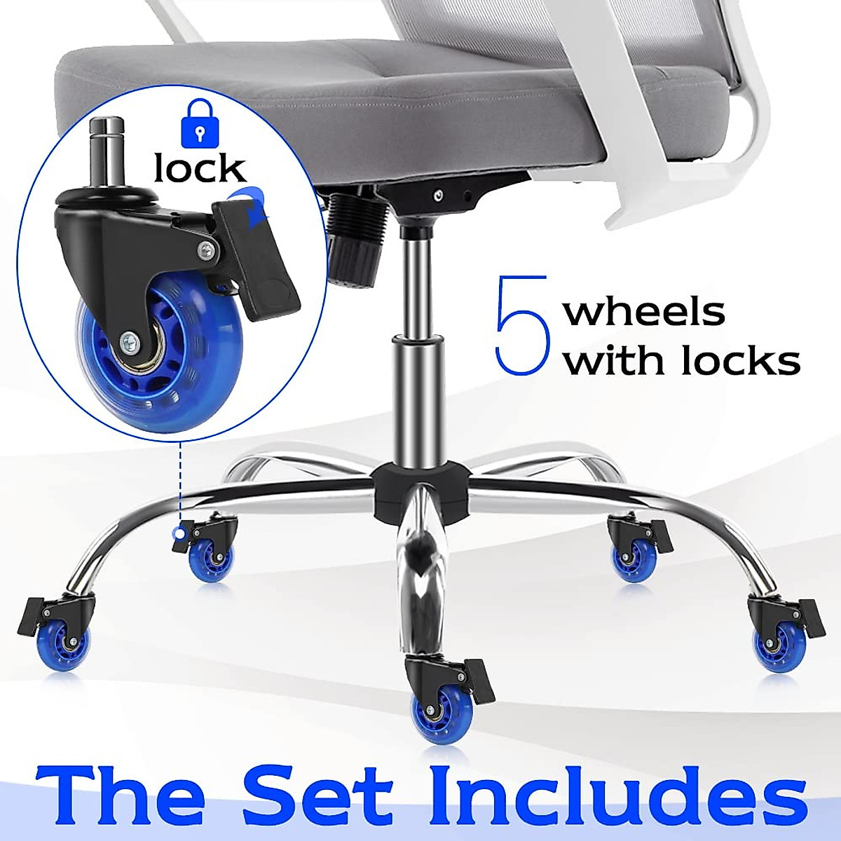 Office Chair Wheels with Brake, Replacement Rubber Chair Casters for Hardwood Floors and Carpet, Set of 5, Heavy Duty Office Chair Casters for Chairs to Replace Office Chair Mats -Universal Fit.