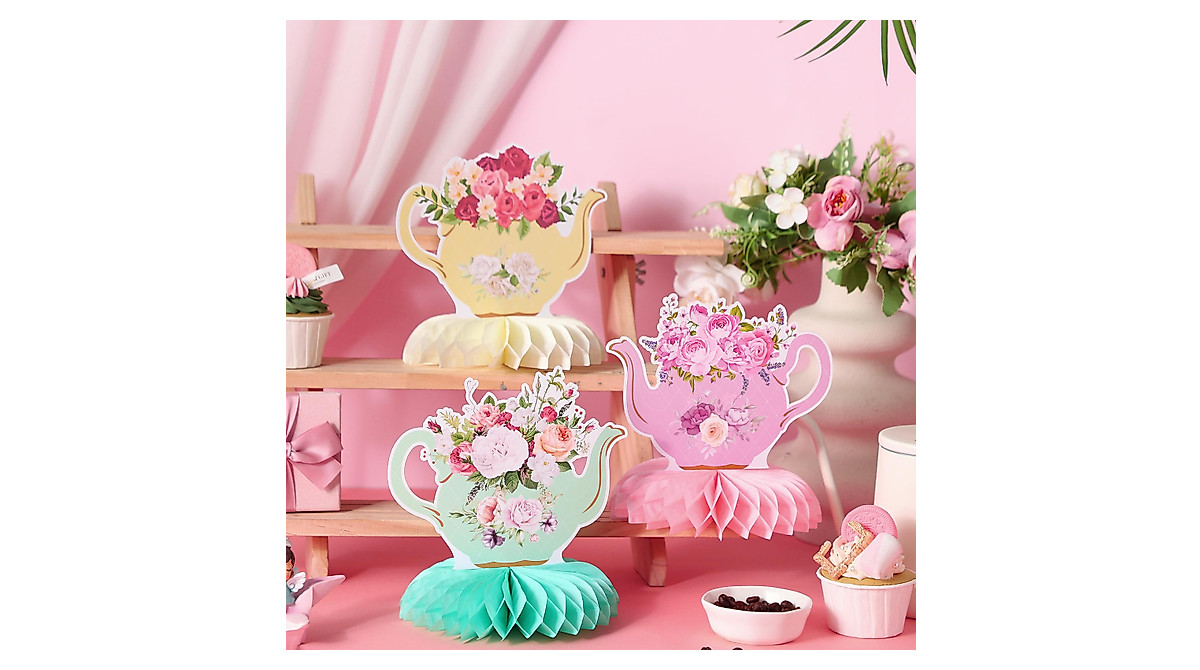 Jexine 9 Pcs Floral Teapot Centerpieces for Princess Tea Party