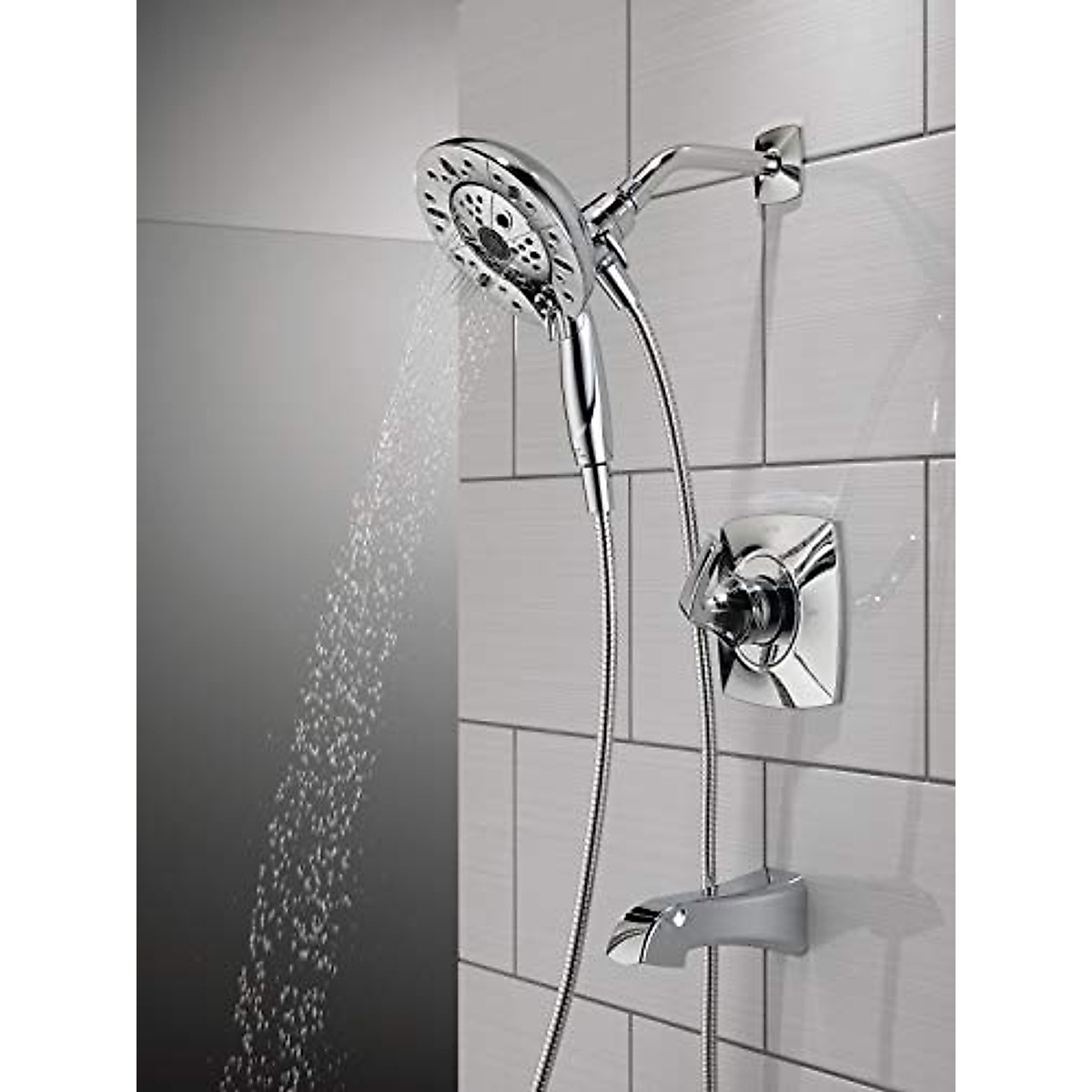 Delta Faucet Vesna 14 Series Single-Handle Shower Trim Kit with 5-Spray H2Okinetic In2ition Dual Hand Held Shower Head with Hose, Chrome 144789-I (Valve Included)