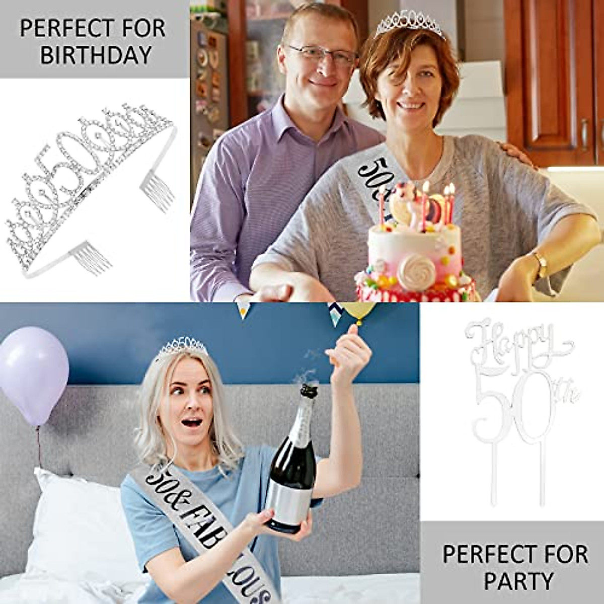 Tihebax 50th Birthday Sash and Crown/Tiara Set 50th Birthday Gifts for Women 50th Birthday Decorations Women Bonus 50th Cake Topper Pearl Pin (silver)