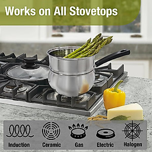 Stainless Steel Saucepan, 1.5 QT Sauce Pan with Steamer & Glass Lid for Cooking, 2-Tier Multipurpose Small Sauce pot Steam Pot for Vegetables, Seafood, Soups, Stews, Pasta, Induction Safe