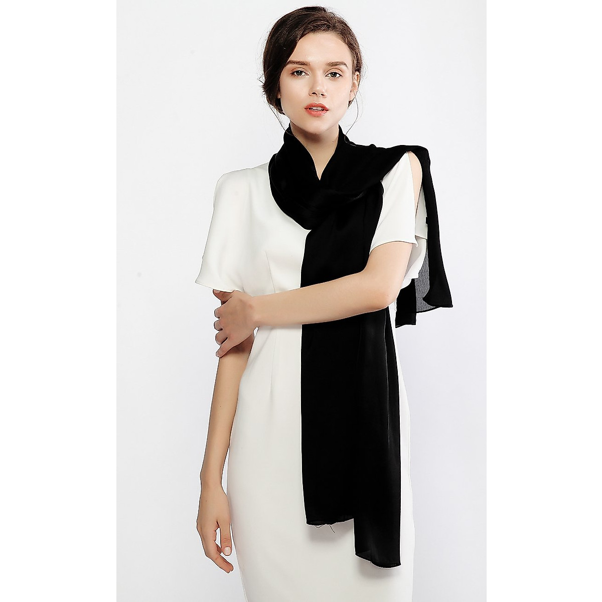 RIIQIICHY Women Shawls and Wraps for Evening Dresses Like Chiffon Black Silk Scarf Formal Silky Pashmina Shawls for Weddings