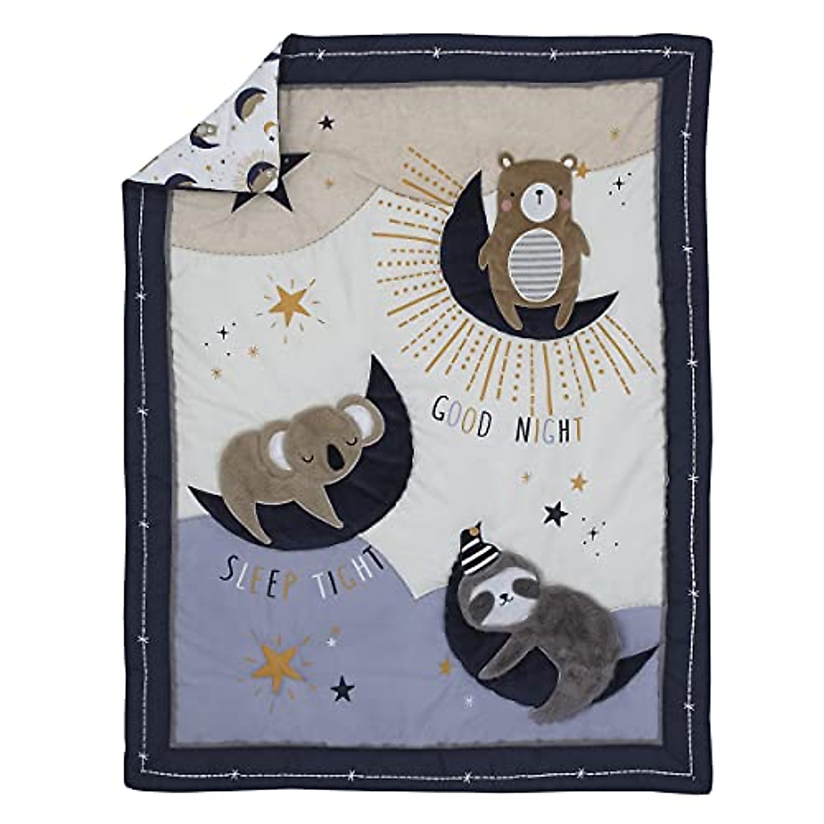 NoJo Goodnight Sleep Tight White & Blue Koala, Sloth, Bear, Star, & Moon 4Piece Nursery Crib Bedding Set, Navy, Light Blue, Grey, White