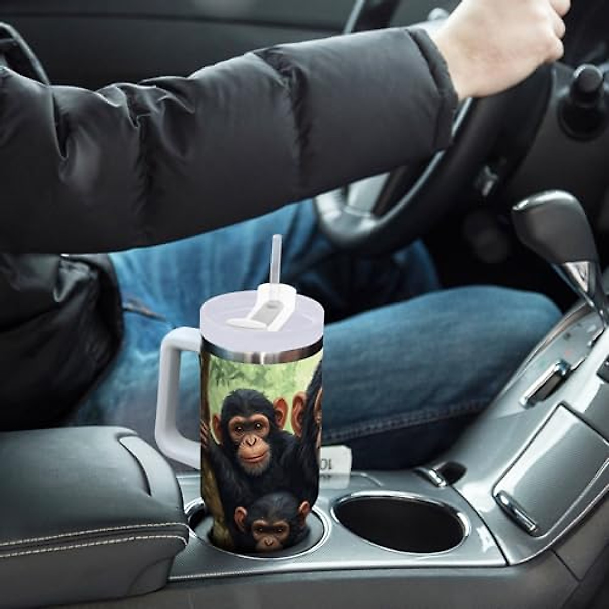 Nexawaveo Cold Cup Monkeys on Tree XL Insulated Tumbler with Handle Lid Straw 30-40 oz Reusable Cupholder Friendly Water Bottle