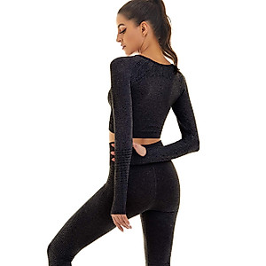 Toplook Women Seamless Workout Outfits Athletic Set Leggings + Long Sleeve Top 2 Pieces(Black, Medium)