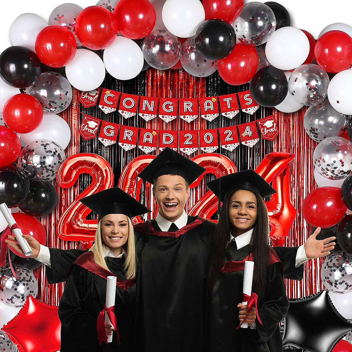 BBTO Graduation Decorations 2024 Graduation Party Supplies Congrats Grad Banner Confetti Star Balloons Foil Fringe Curtain Tablecloth for College High School Grad Decor (Red, Black)