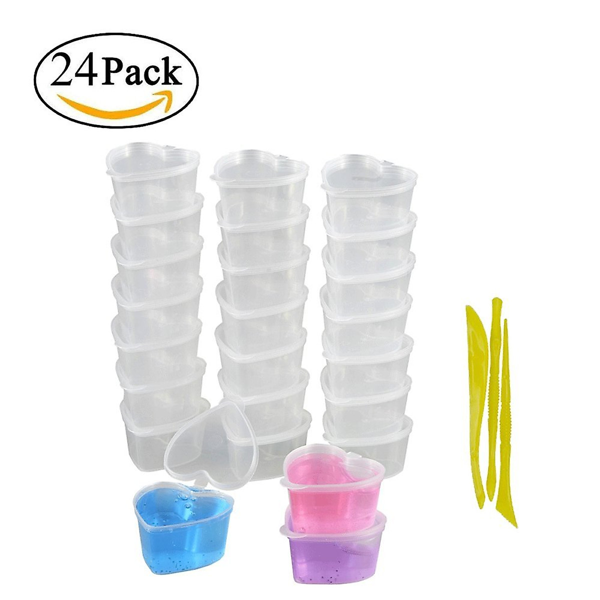 24 Pack Slime Containers with Lid, Small Heart-Shaped Plastic Foam Ball Clay Beads Storage Box with Lids for DIY Slime + 3PCS Tools
