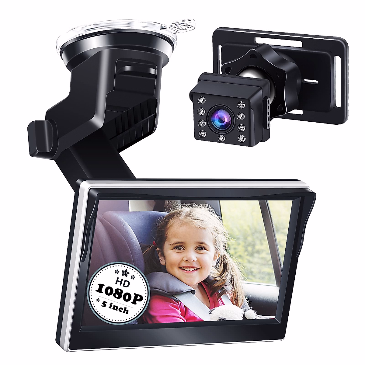 OCLKIS 1080P Baby Car Camera, 5 Inch Baby Monitor for Children Kids Infants, Baby Car Mirror in Rear Facing Back Seat, Safety Camera with Night Vision, Infrared Lights, Sucker Bracket, 150° Wide View