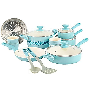 Spice by Tia Mowry Savory Saffron 16-Piece Healthy Nonstick Ceramic Cookware Set - Aqua Blue