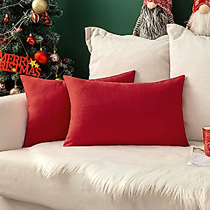 MIULEE Christmas Pack of 2 Decorative Outdoor Solid Waterproof Throw Pillow Covers Linen Garden Farmhouse Cushion Cases for Patio Tent Balcony Couch Sofa 12x20 inch Red
