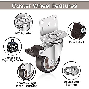 Nefish Side Mount Casters 2 Inch L-Shaped Small Rubber Caster Set of 4 with Load Capacity 600 LBS, Ball Bearing 360 Degree Plate Swivel Castors Wheel for Furniture, Baby Bed, Kitchen, Cabinet, Table
