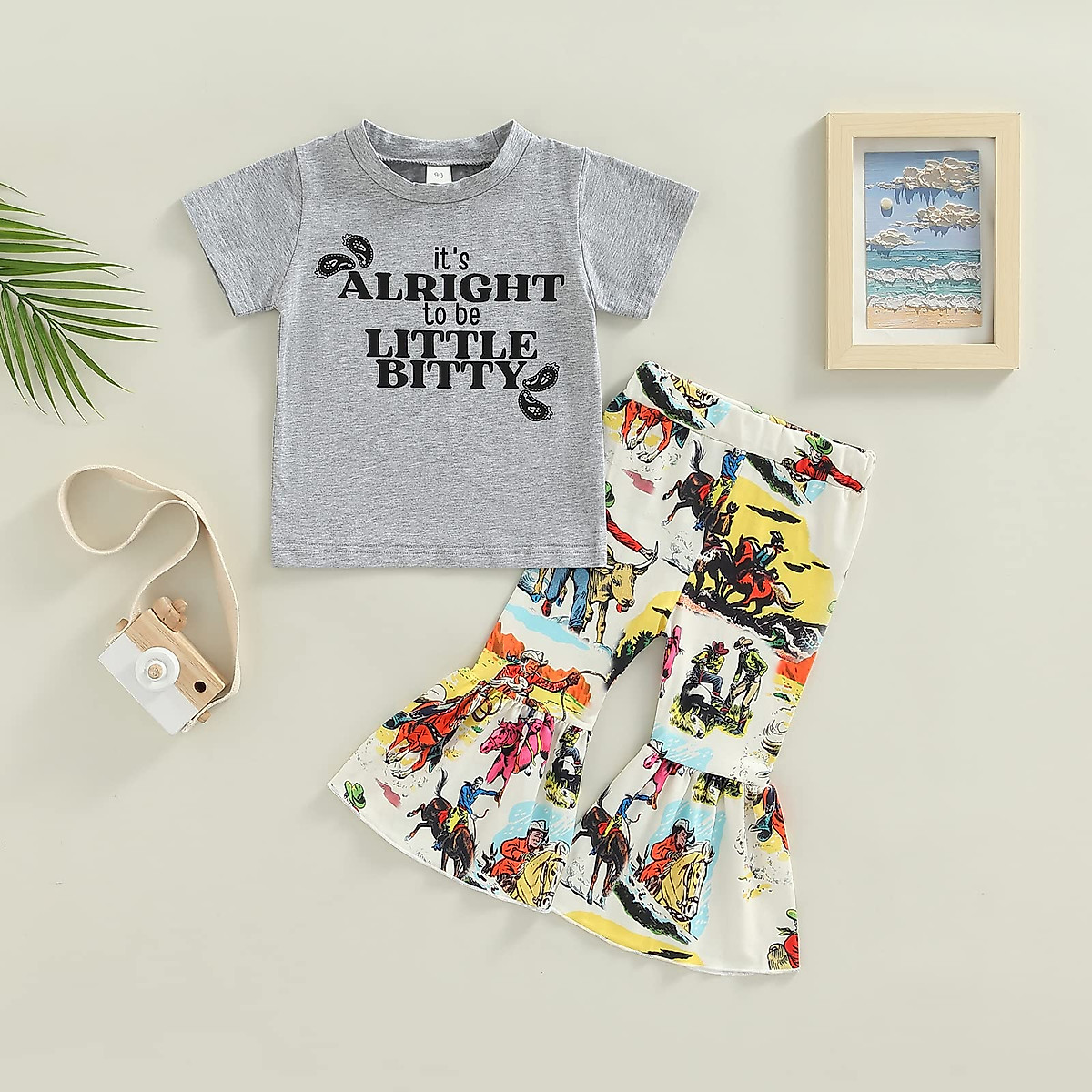 vchoohce 2Pcs Toddler Baby Girl Clothes Letter Print Short Sleeve T-shirt Top Bell-Bottom Pants Western Cowgirl Outfit Set (Ride Horse-Grey+Beige,2-3T)