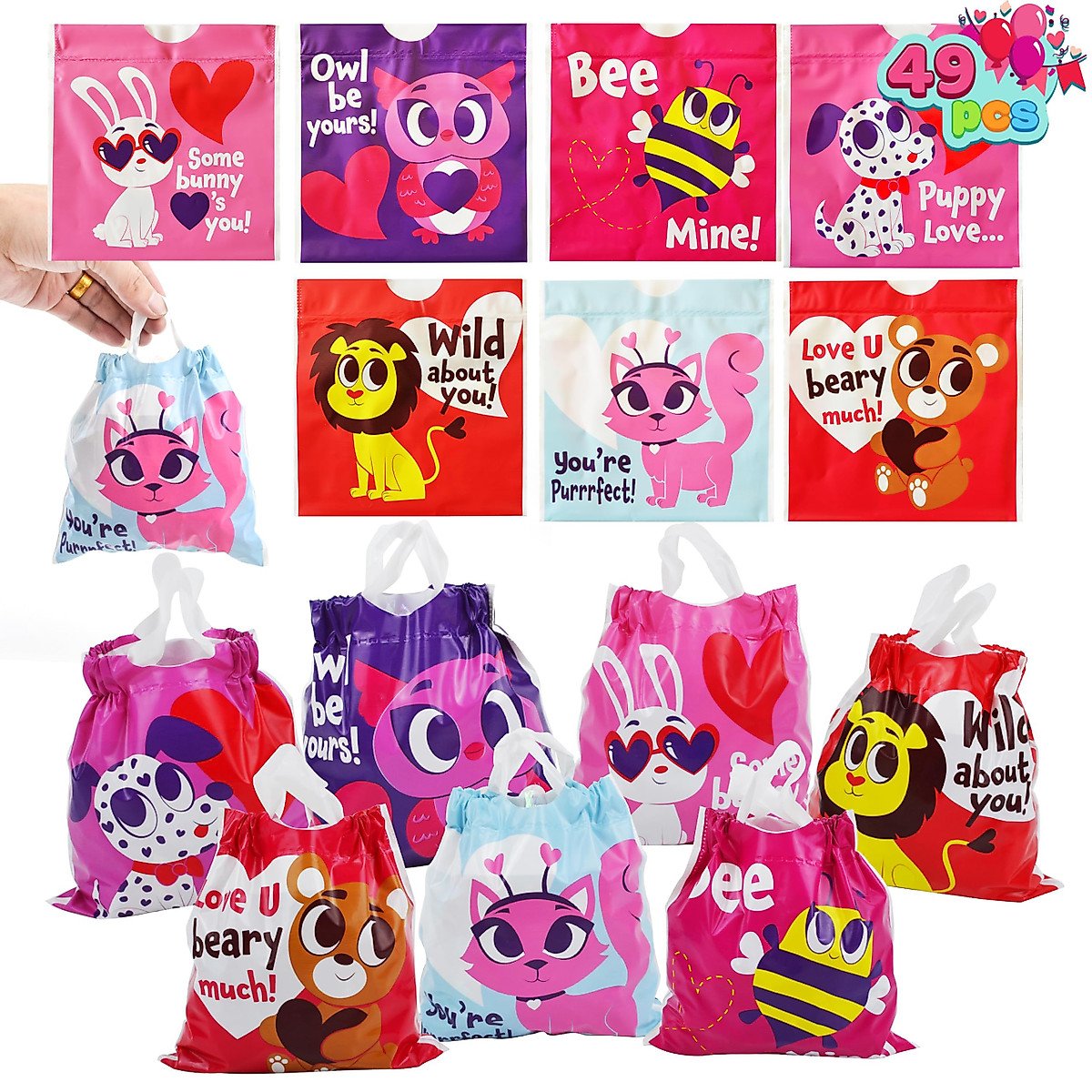JOYIN 70 Pcs Valentine Gift Bags Drawstring Candy Bags Valentine Mini Plastic Goodie Bags for Kids Valentines Day Party Favor Supply