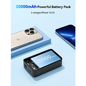NEWDERY 20000mAh Magnetic Battery Pack, Power Bank PD 20W Fast Charging, Wireless Portable Charger with USB C Cable for iPhone 15/14/13/12/Pro Max/Pro/Plus/Mini and AirPods 3/2/Pro