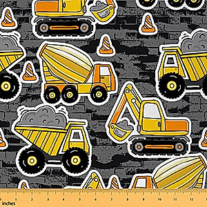Yellow Excavator Waterproof Fabric by The Yard Tractor Crane Construction Vehicle Decor Fabric for Upholstery and Home DIY Projects Vintage Graffiti Brick Pattern Outdoor Upholstery Fabric,1 Yard