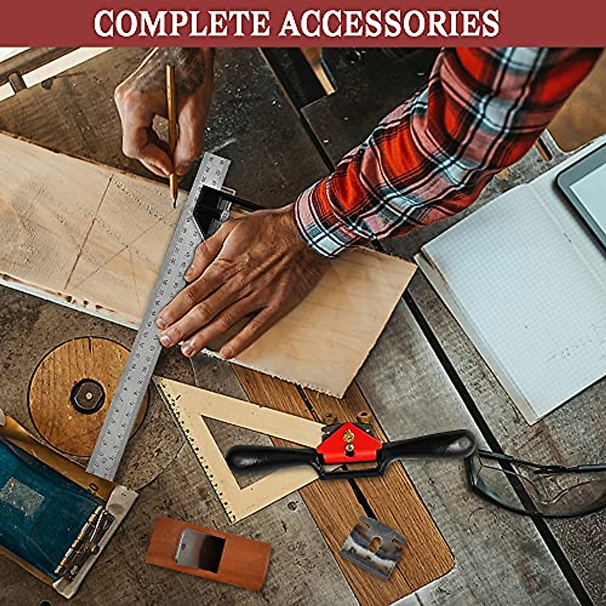 Elesunory 9” Adjustable SpokeShave, Hand Planer Woodworking with Flat Base, Replacement Blades and Ruler, Manual Wood Planer for Wood Working, Wood Craft