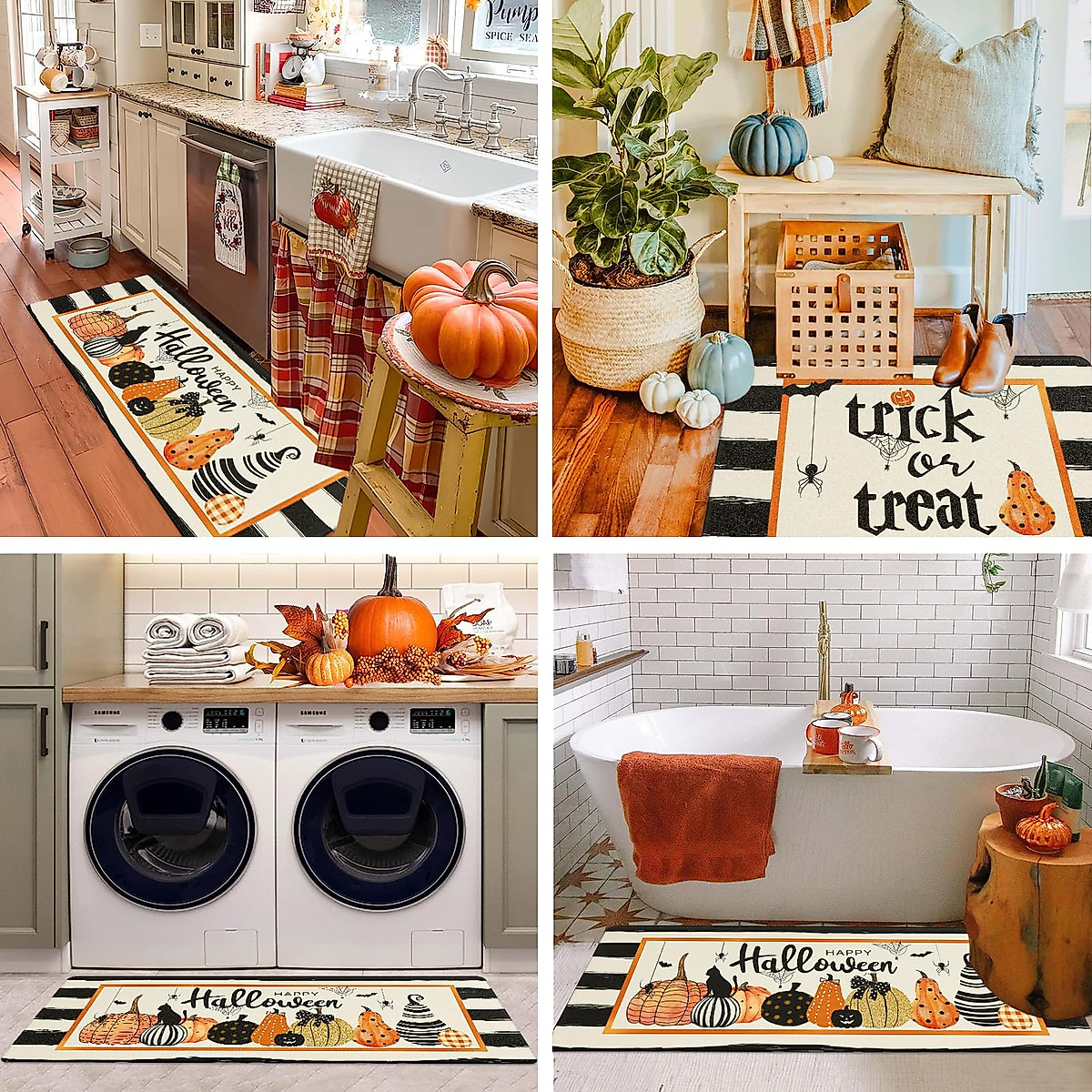 Pauwer Halloween Kitchen Mat Set of 2, Trick or Treat Anti Fatigue Kitchen Rugs Fall Decor, Non Slip Pumpkin Kitchen Runner Rug Set, Cushioned Waterproof Kitchen Foam Mat for Floor