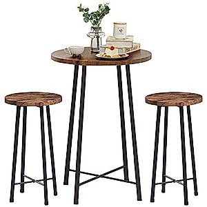 VECELO 3 Piece Pub Set, Round Bistro bar Table and Chairs Set of 2, Counter Height Wood top,Small Spaces Saving for Dining Room Breakfast, Classic Brown