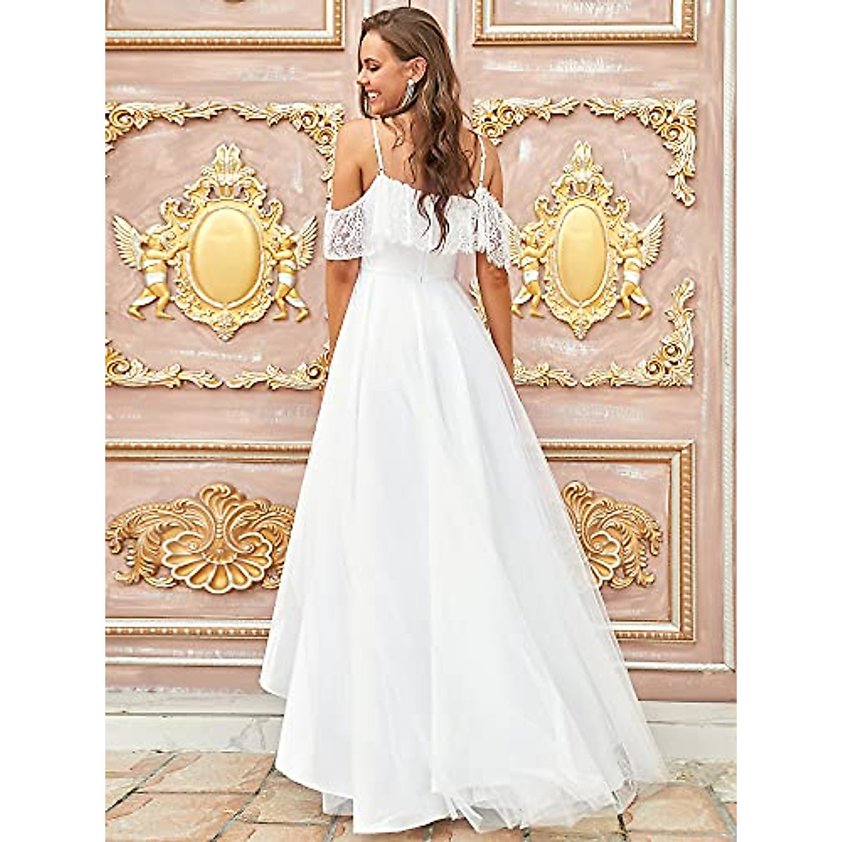 Ever-Pretty Womens Lace Spaghetti Straps Off Shoulder High Low Floor Length Wedding Dress for Bride White US12