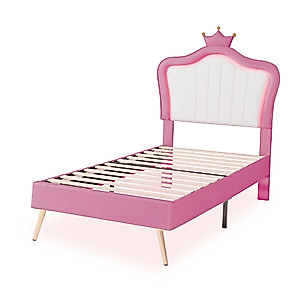 Bekeknlny Modern Upholstered Princess Bed with Crown Headboard and LED Lights,Twin Size PU Upholstered Bed Frame for Kids Boys Girls Bedroom (White+Pink/PU, Twin)