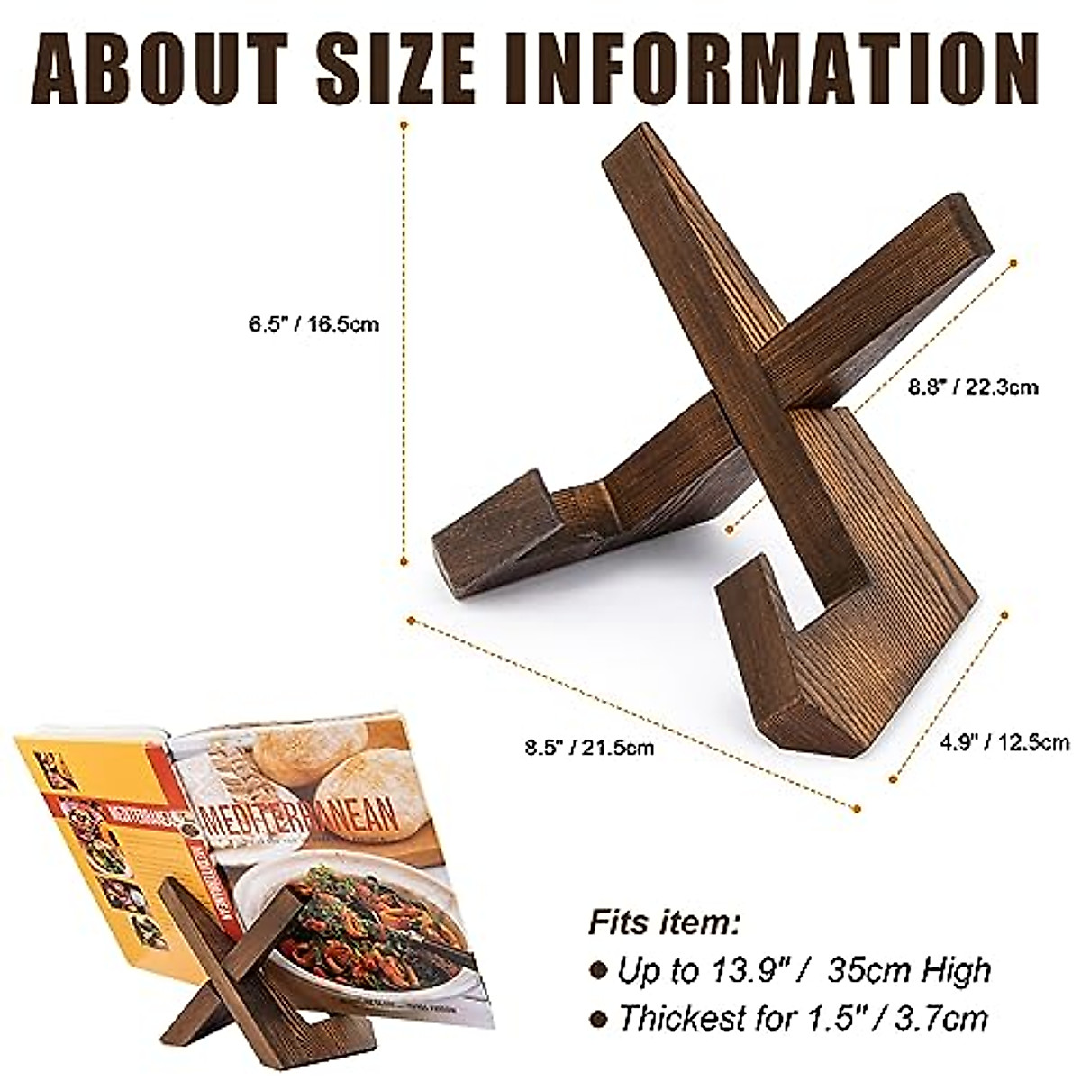 PUERSI Cookbook Stand for Kitchen, Recipe Book Holder for Kitchen Counter, Wooden Cookbook Holder, Rustic Cook Book Holder Stand - Rustic Brown