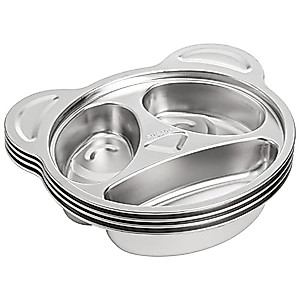 Lyellfe Set of 4 Stainless Steel Divided Plates, 3 Sections Unbreakable Dinner Plates, Cute Panda Shape Divided Plates for Picky Eaters, Lunch, Camping