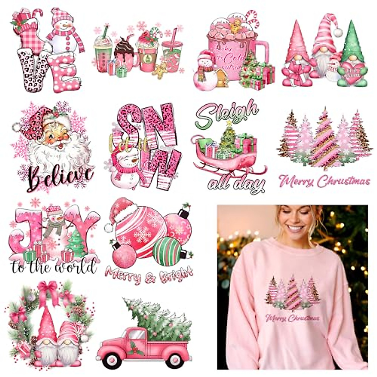 Loozykit Iron on Decals for T Shirt Washable Heat Transfer Vinyl Stickers Theme Iron on Patches Iron on Stickers for DIY Clothing Bag Hat Pillow Craft Decorations (Christmas- 12Pcs)