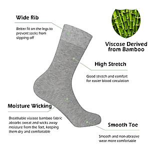 SERISIMPLE Viscose Bamboo Dress Men Sock Thin Soft Crew Anti Odor Lightweight Sock Breathable Comfort Cool soft Sock 5 Pairs (US, Alpha, X-Large, Regular, Regular, Grey)