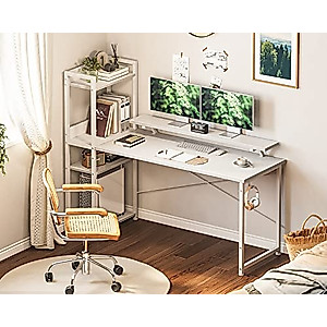 ODK Computer Desk with Storage Shelves and Monitor Stand, 55 Inch Writing Desk with Bookshelf, Reversible Study Table for Home Office, Small Space Bedroom, White