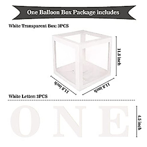 FUNTOOB One boxes with 3Pcs Letters White Clear Balloon Box Blocks Transparent Birthday Box Happy Birthday Boxes Clear Baby Shower Decorations First Birthday Decorations For Boy Or Girl (ONE White)
