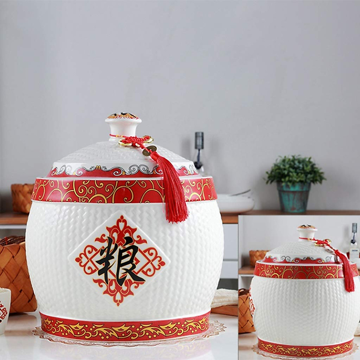 Classic Food Dispensers Ceramic Rice Bucket with Tassel Design, Household Rice Storage Box with Lid, Chinese Sealed Large-Capacity Rice Pot, 4-12.5KG141-441 OZ