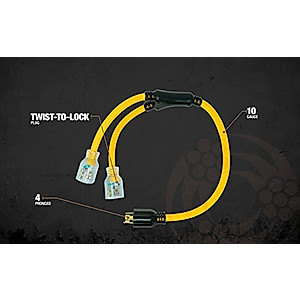 Coleman Cable 01934 3-Feet Generator Power Cord Adapter, 10/4 Splitter Y Adapter, L14-30P to (2) 10/3 Lighted 5-20R