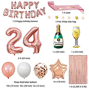 Fancypartyshop 24th Birthday Decorations - Rose Gold Happy Birthday Banner and Sash with Number 24 Balloons Latex Confetti Balloons Ideal for Girl and Women 24 Years Old Birthday Rose Gold