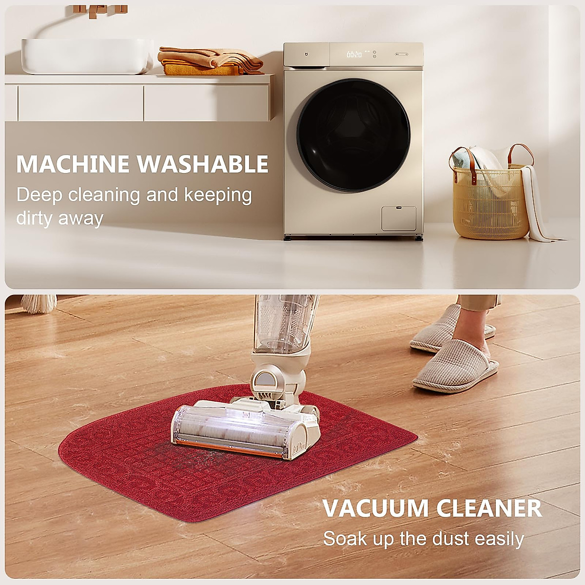 VANZAVANZU Half Round Kitchen Rug, Anti Fatigue Mat, Made of 100% Polypropylene, Non-Slip, Dirt-Resistant, Absorbent, Machine Washable, 27" x18" (Red)