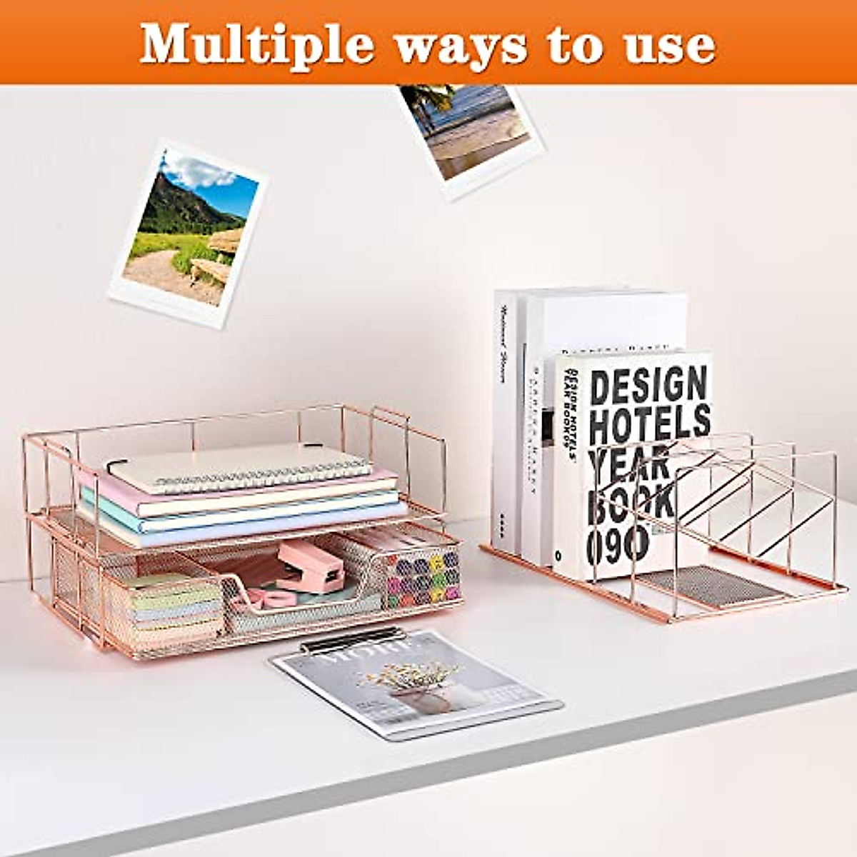 gianotter Desk Organizers and Accessories, Office Supplies Desk Organizer with Sliding Drawer, Double Tray and 5 Upright Section ​File Sorter Organizer (Rose Gold)