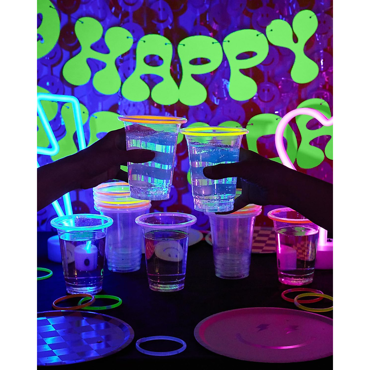 xo, Fetti Happy Birthday Smiley Rave Banner - Neon, 5 Ft. | Fun Birthday Party Decorations, Cute Festival Bday Decor, HBD, Preppy Party, Glow Photobooth Backdrop, Groovy Kids Party