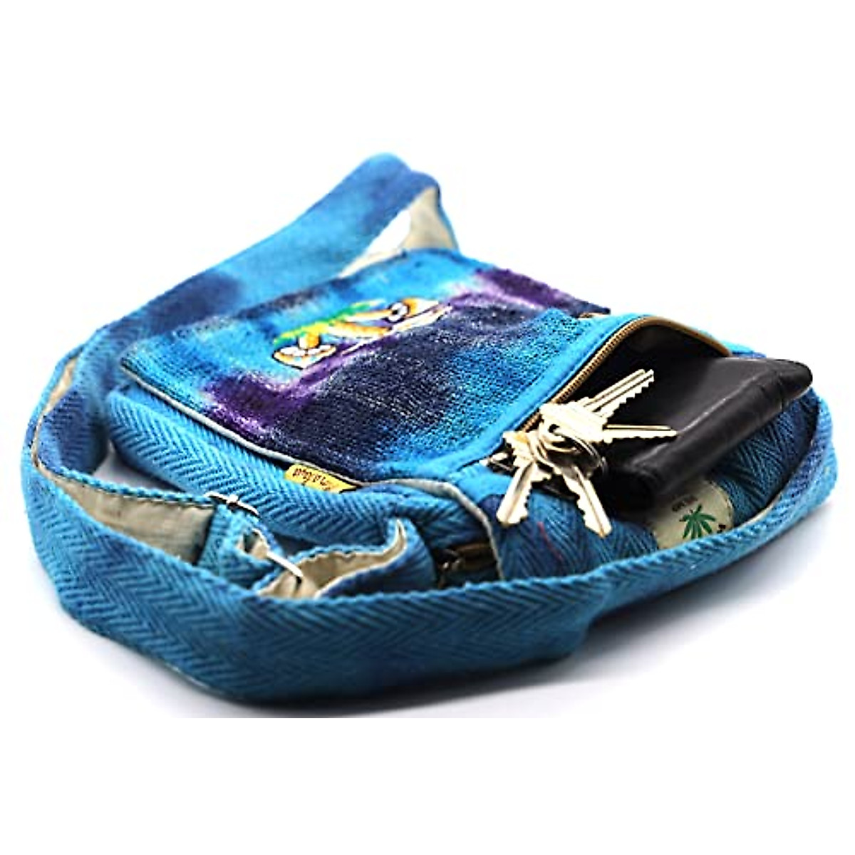 Himalaya Handmade Unique design Mushroom Embroidery Hemp Hobo Passport crossbody bag Festival Travel 100% Himalaya FAIR TRADE MADE Handmade with Love., Blue