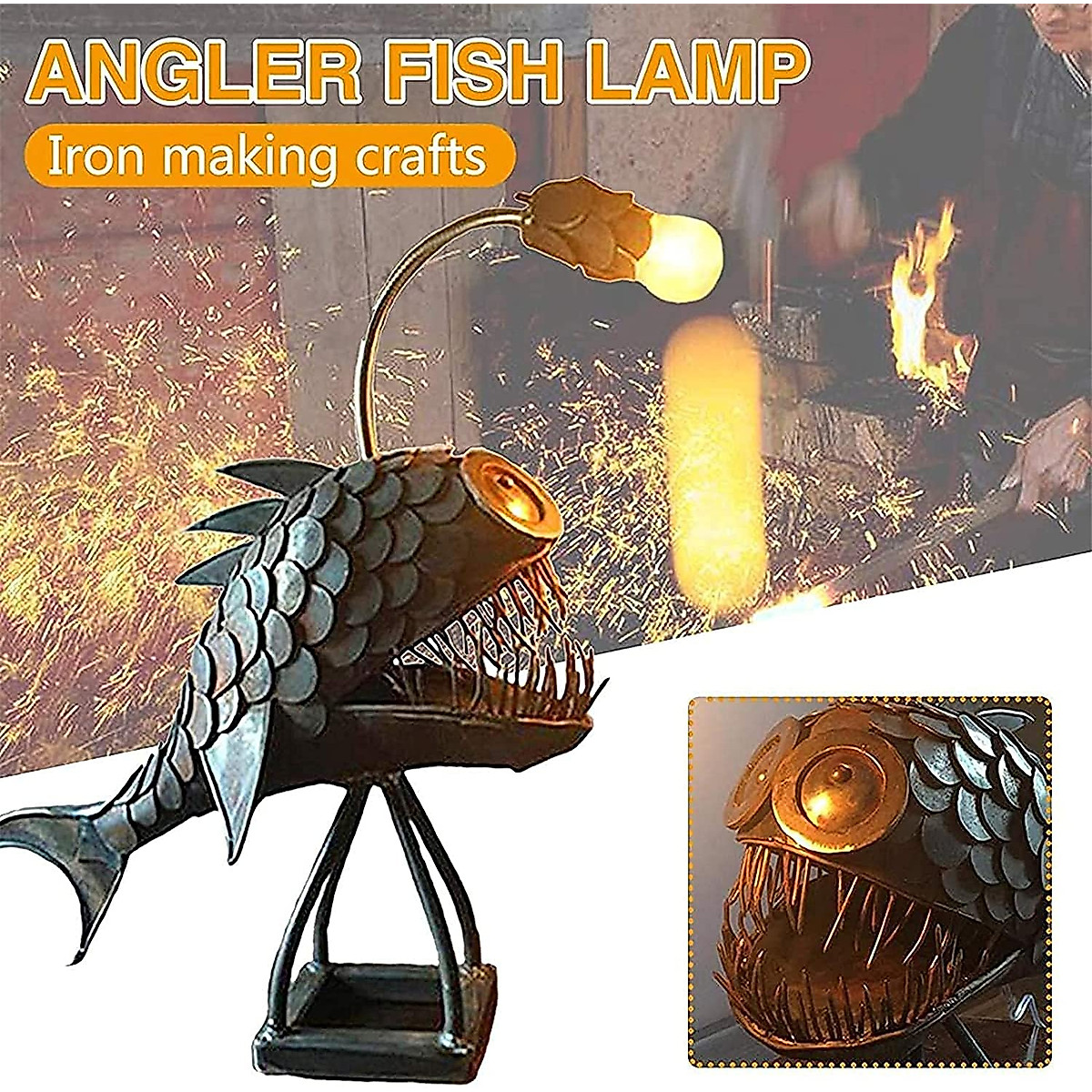 Creative Rustic USB Angler Fish Lamp Shark Lamp Handmade Unique Lamp LED Light,Floor-Standing USB Interface Retro Art Table Lamps (Large)