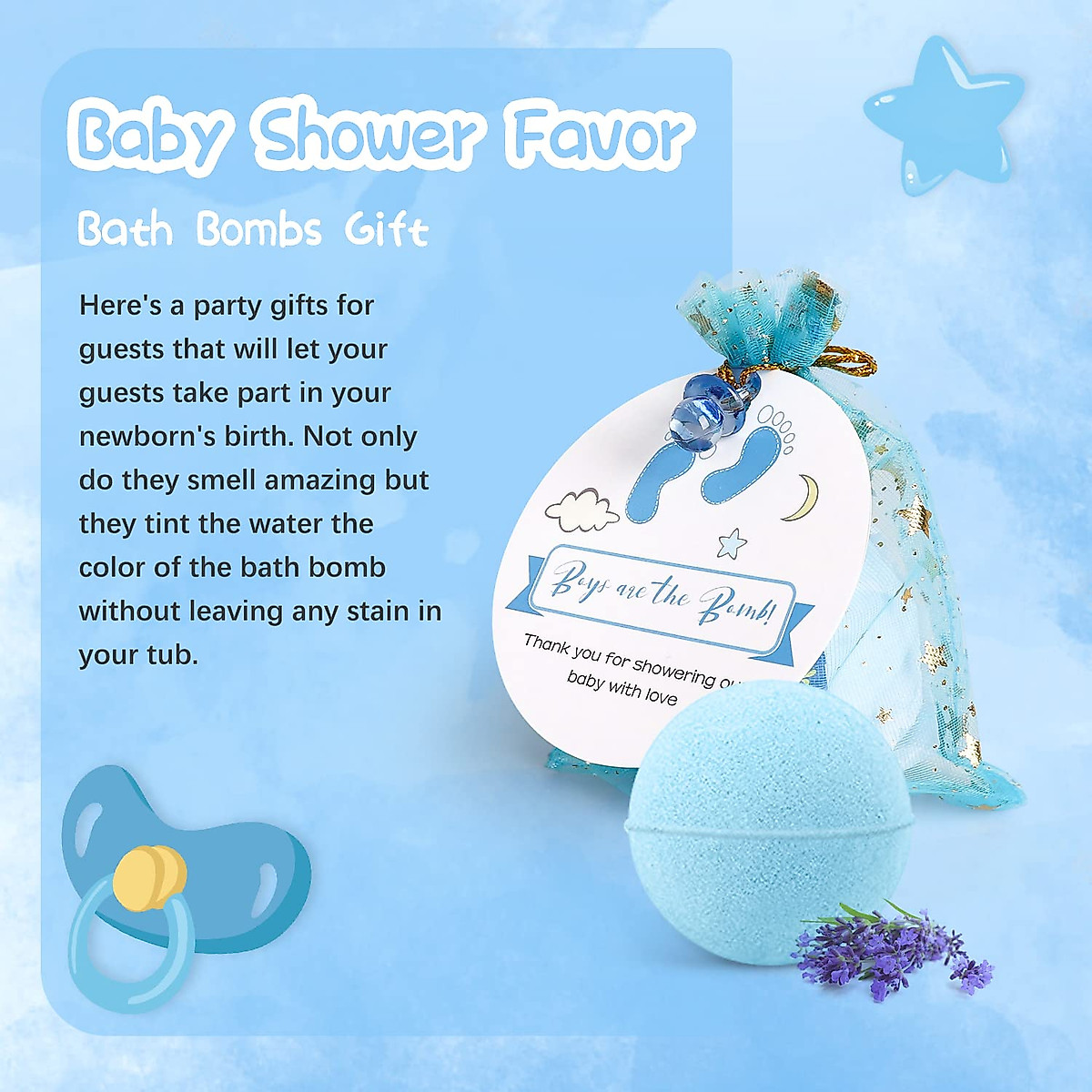 iAOVUEBY Baby Shower Favors, Unique Baby Shower Gifts for Guest Gift Set - 12 PCS Bath Bombs Organza Bags Little Pacifier Thank You Card, Gender Reveal Party Favors for Guests (Boy's are The Bomb)