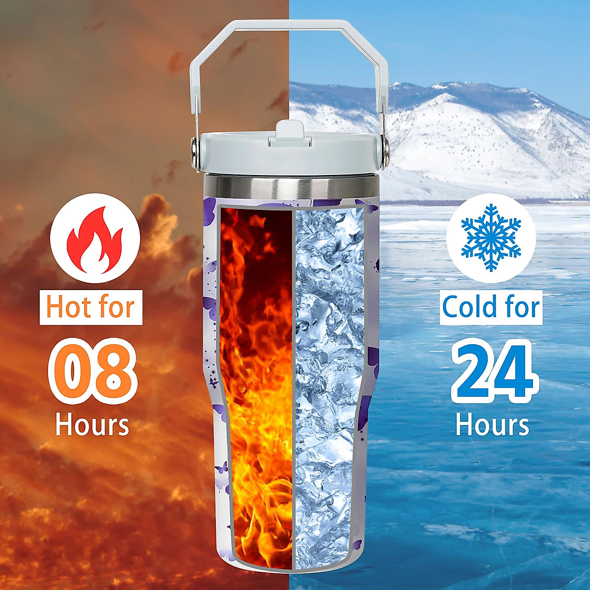 Queen Hero 30 oz Butterfly Tumbler with Handle, Large Insulated Tumbler with Flip & Straw Coffee Mug Cup Stainless Steel Gifts for Women Men Youth