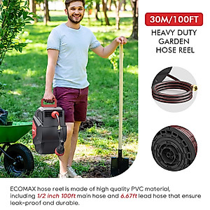 Ecomax ELG01 1/2in. x 100ft Garden Hose Reel, Retractable Reel Storage with Any Length Lock, Slow Return System, 9 Patterns Adjustable, Wall-mounted & 180° Swivel Bracket for Watering, Black & Red