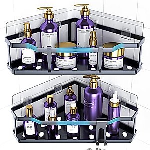 WCOLUE 2 Pack Corner Shower Caddy, No Drilling Shower Organizer Shelves with 3 hooks and 4 Back Traceless Adhesive, SUS304 Stainless Steel Black Shower Shelf for Bathroom, Dorm, Toilet, Kitchen