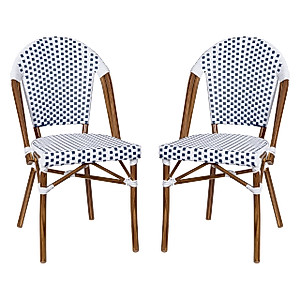 Merrick Lane Celia Bistro Chair - White & Navy Woven PE Seat and Back - Bamboo Finish Aluminum Frame - Set of Two