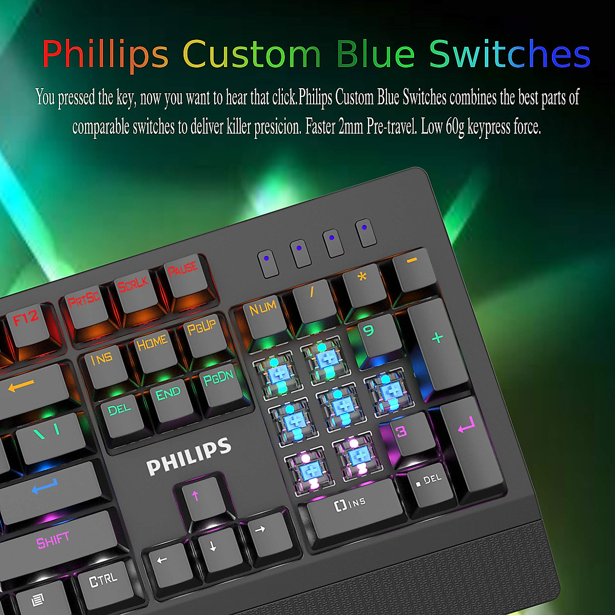 Philips Mechanical Gaming Keyboard- RGB LED Backlit Wired Keyboard with Blue Switches for Gaming, PC- Full Key N-Rollover- Anti Ghosting