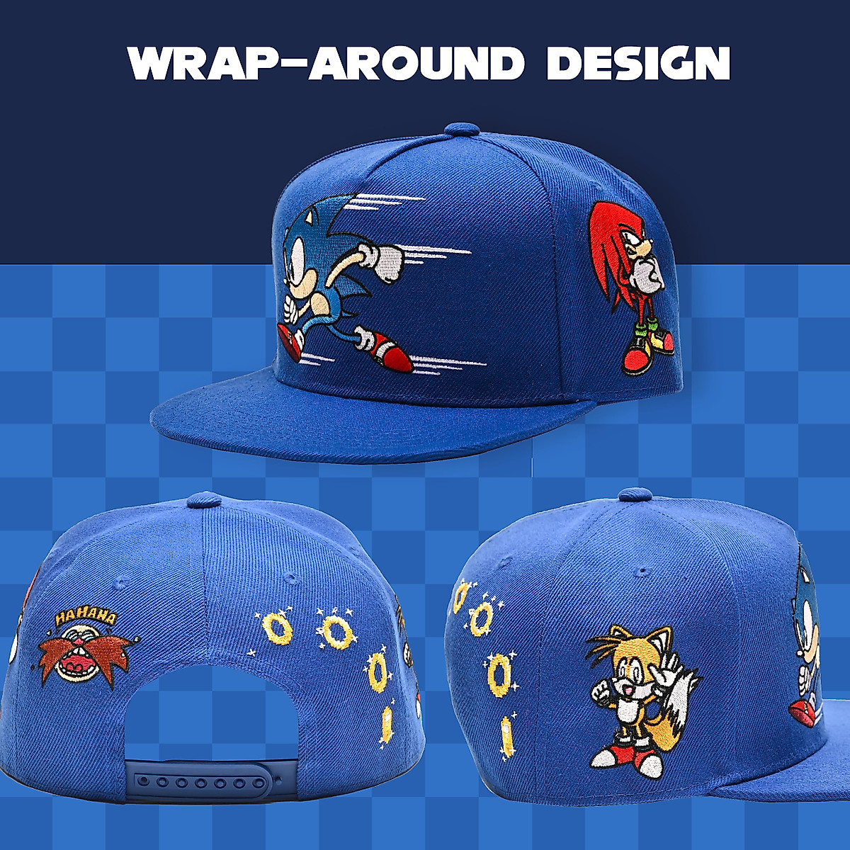 Sonic The Hedgehog Baseball Cap, Adult Adjustable Snapback Baseball Hat with Flat Brim, Allover Royal, One Size