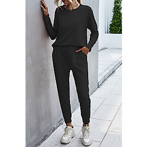 Kebaner 2 Piece Outfits Lounge Jogging Suits for Women Sweatsuit Tracksuit Long Sweatpants Set Long Sleeve Sweatshirts Jogger Pant (Black, X-Large)