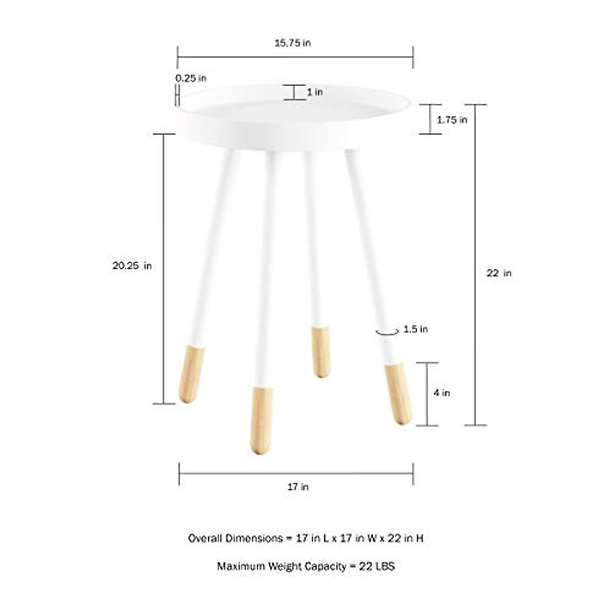 Round End Table - 2-Tone Mid-Century Modern Home Accent Table with Tray Top for Living Room, Bedroom, or Office by Lavish Home (White)