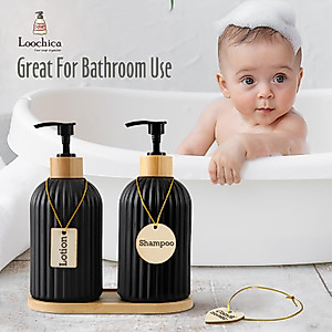 LOOCHICA Do It Yourself 2 Pack Black Glass Soap Dispenser Set with Bamboo Tray, Matte Black Soap Dispenser Suitable for Kitchen Sink, Bathroom, Rustic Kitchen Décor